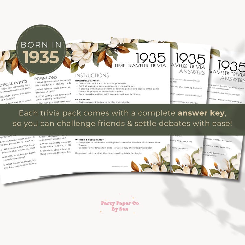 1935 Time Traveler Trivia Printable Game, Milestone Birthday Party Quiz ...