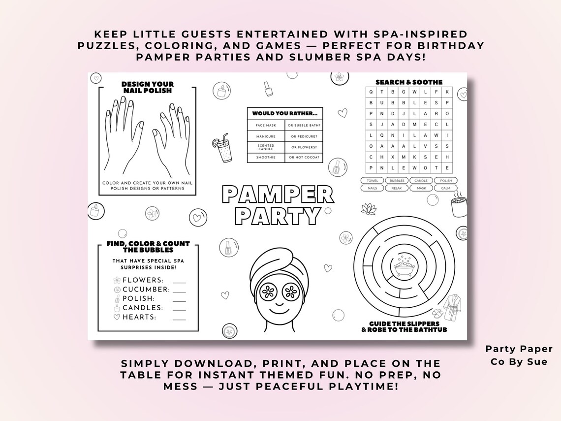 Spa Party Activity Sheet Printable PDF, Instant Download Digital, Kids ...