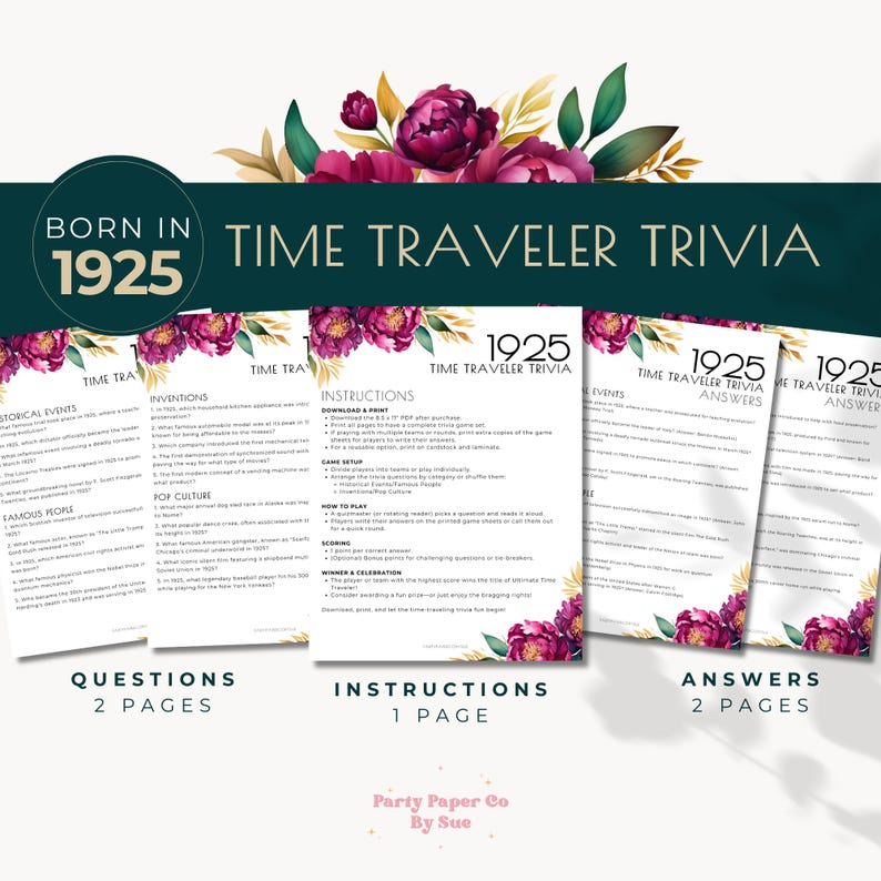 1925 Time Traveler Trivia Printable Game, Milestone Birthday Party Quiz ...