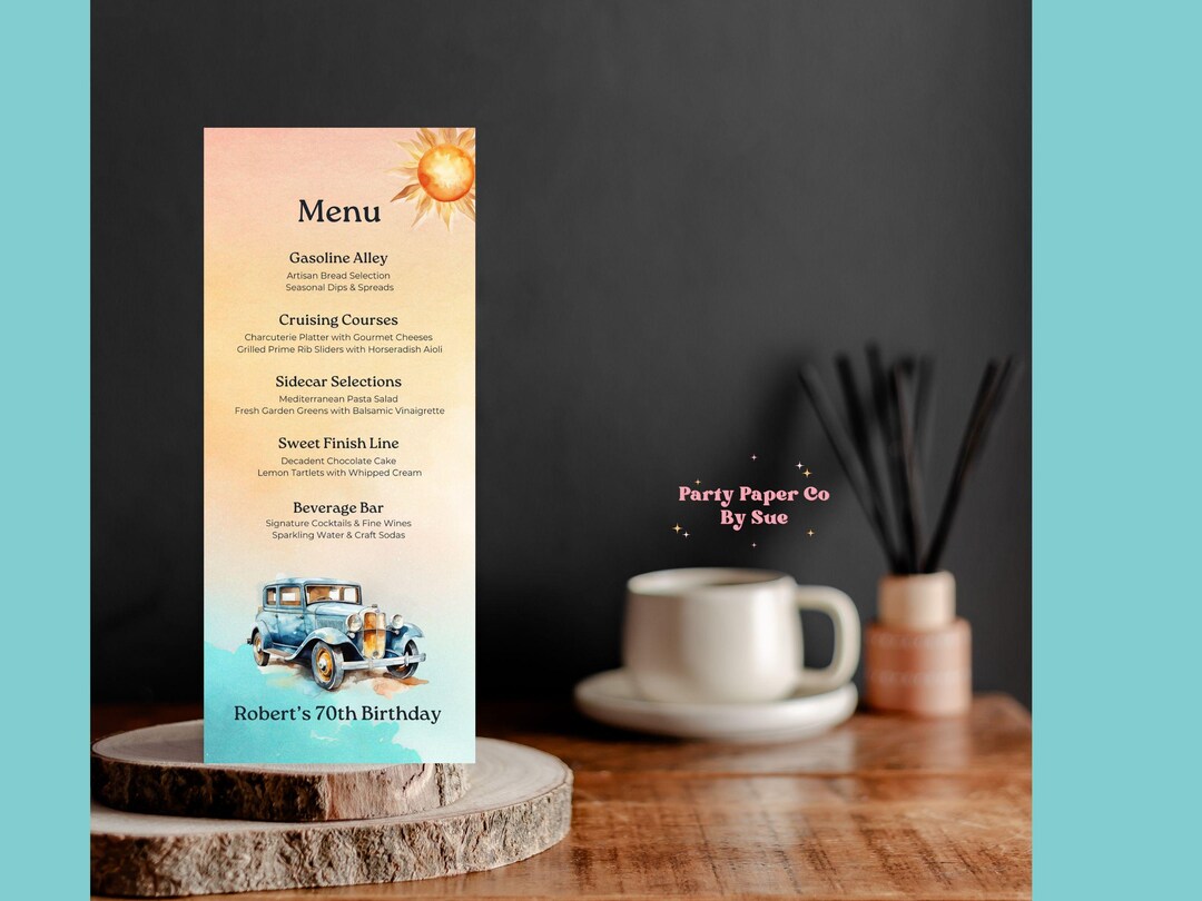 Menu Template 70th Birthday Vintage Car INSTANT DOWNLOAD Customizable ...