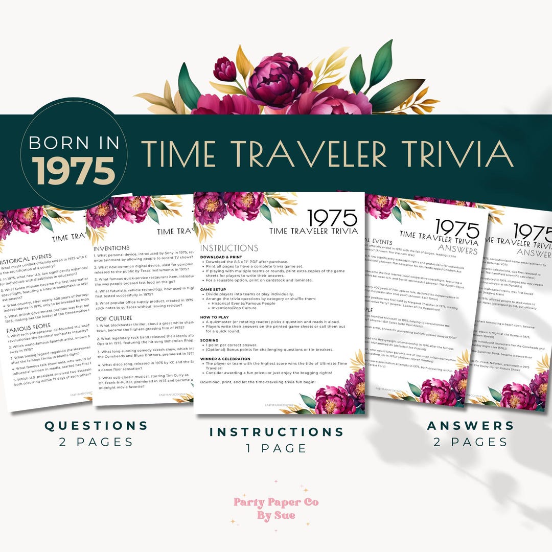 1975 Time Traveler Trivia Printable Game, Milestone Birthday Party Quiz ...