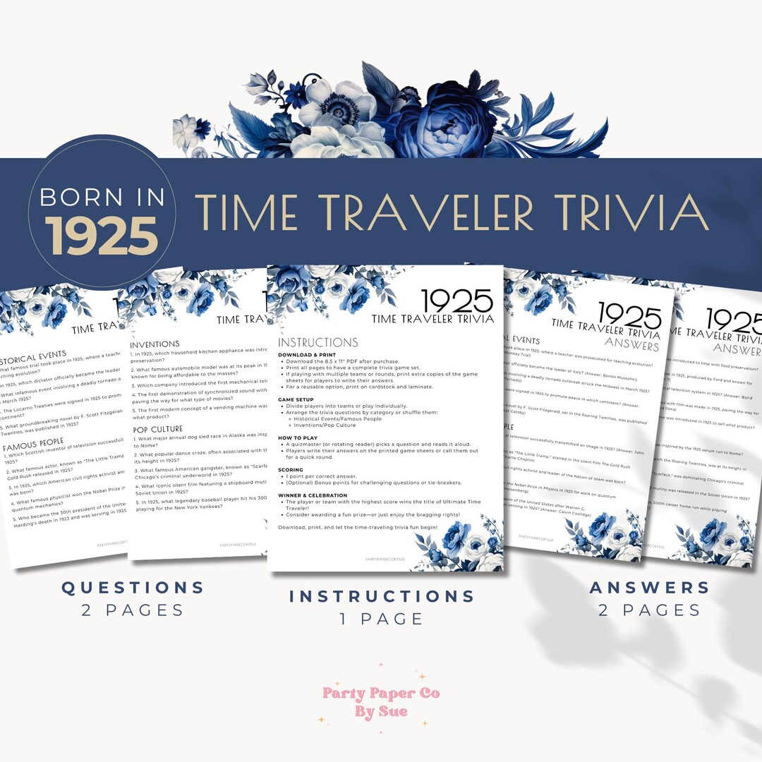 1925 Time Traveler Trivia Printable Game, Milestone Birthday Party Quiz ...
