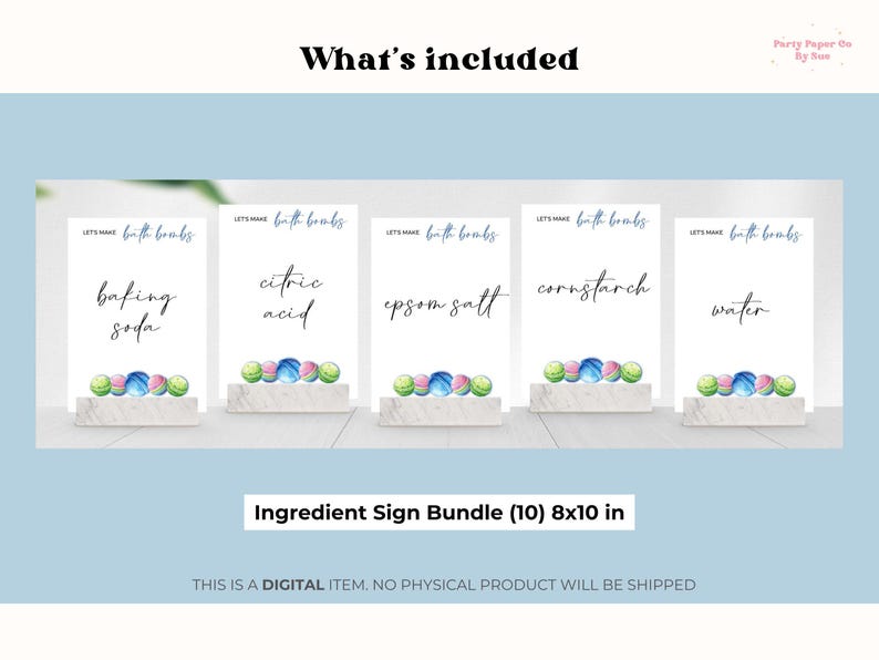 Printable Bath Bomb Ingredient Signs Bundle INSTANT DOWNLOAD Set of 10 DIY Party Signs for Kids ...