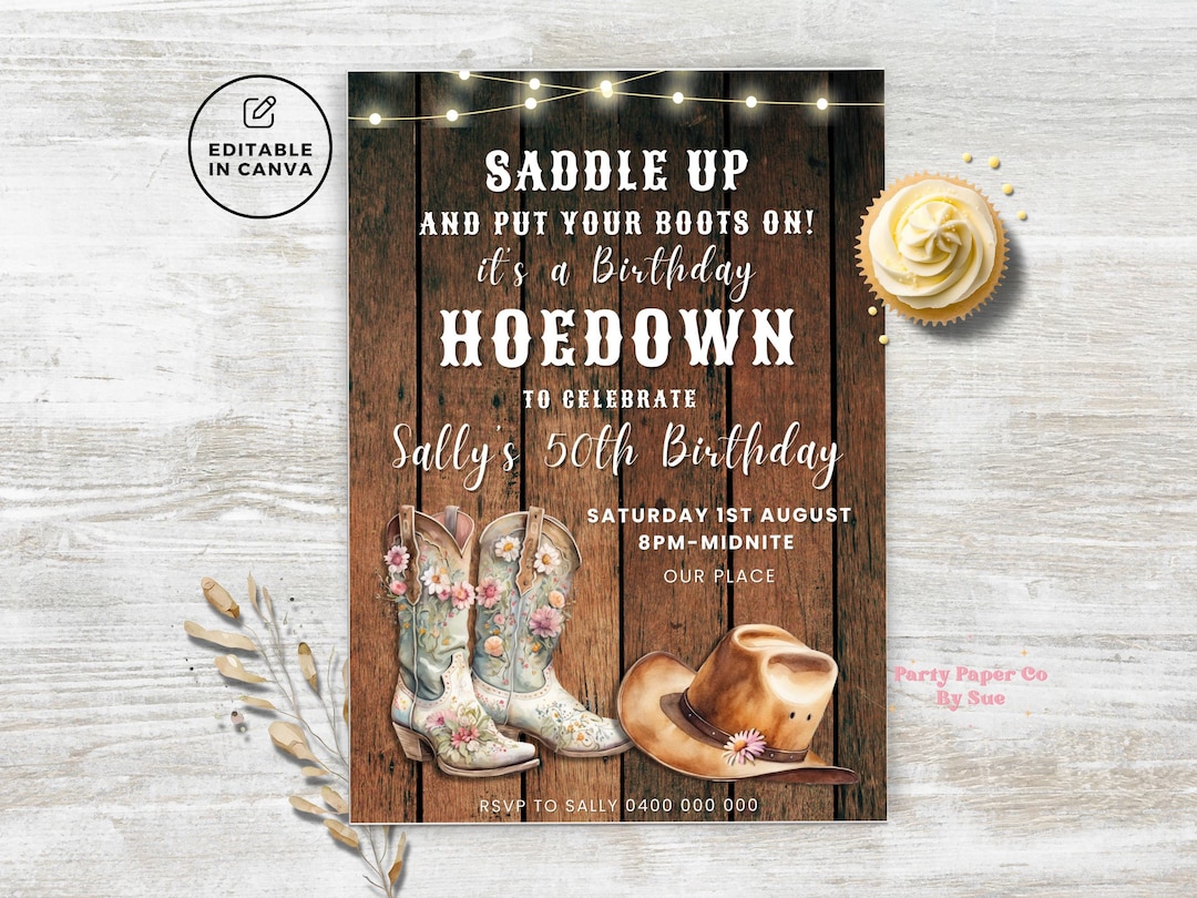 Editable Western Hoedown Birthday Party Invitation, Cowboy Digital Invite Rustic Country Boots ...
