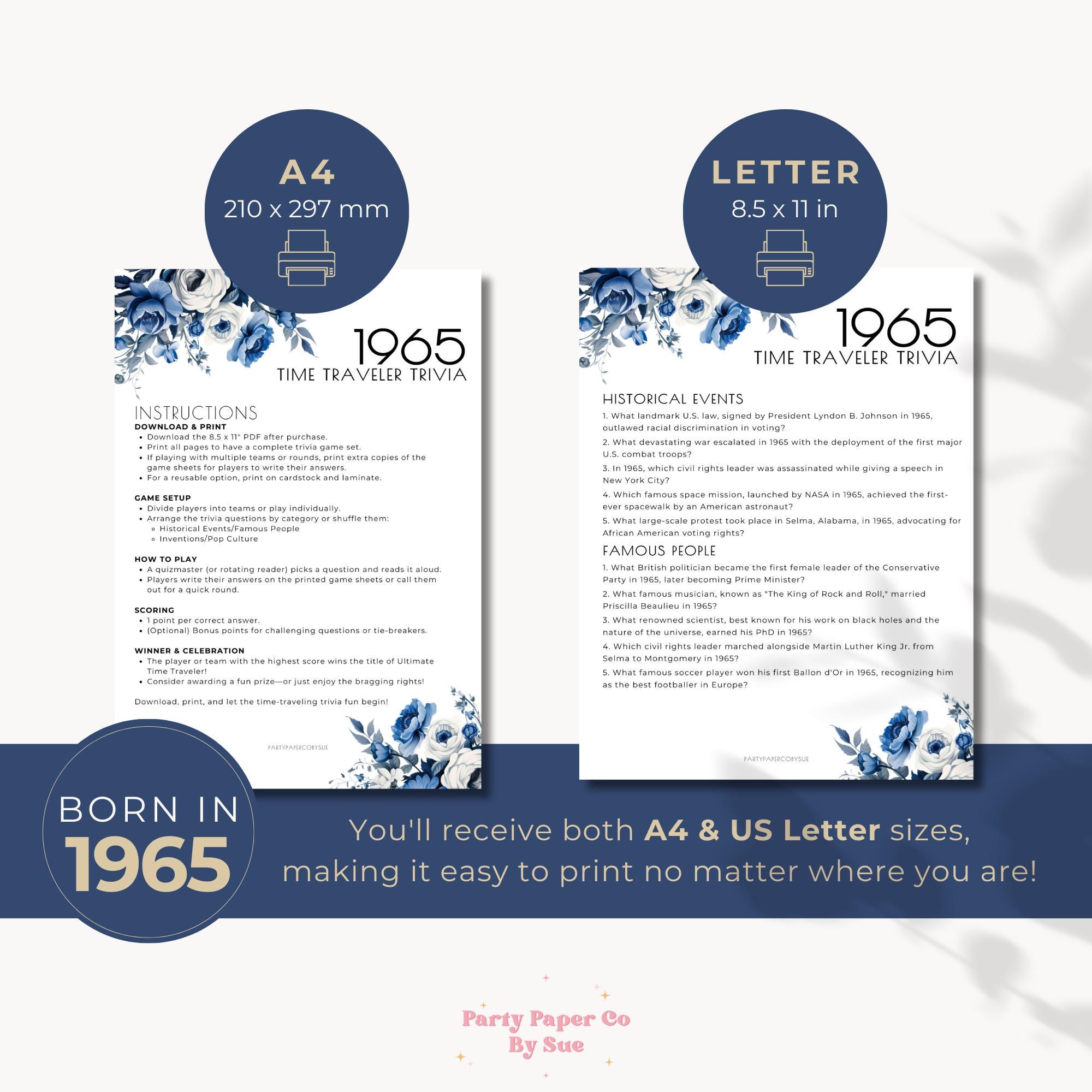 1965 Time Traveler Trivia Printable Game, Milestone Birthday Party Quiz ...