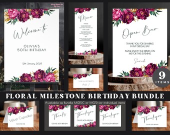 Birthday Bundle Printable INSTANT DOWNLOAD Elegant Floral Design, Navy ...