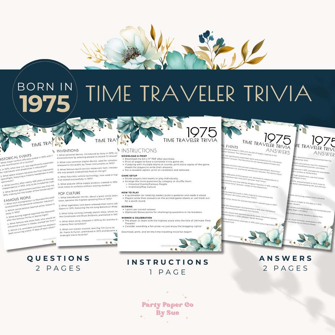 1975 Time Traveler Trivia Printable Game, Milestone Birthday Party Quiz ...
