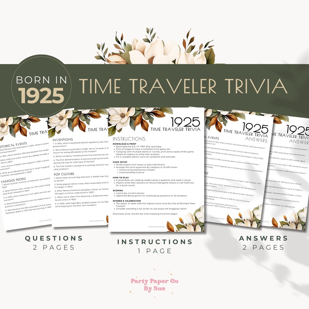 1925 Time Traveler Trivia Printable Game, Milestone Birthday Party Quiz ...