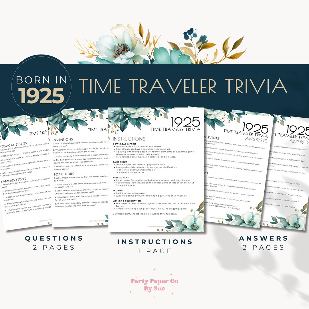 1925 Time Traveler Trivia Printable Game, Milestone Birthday Party Quiz ...