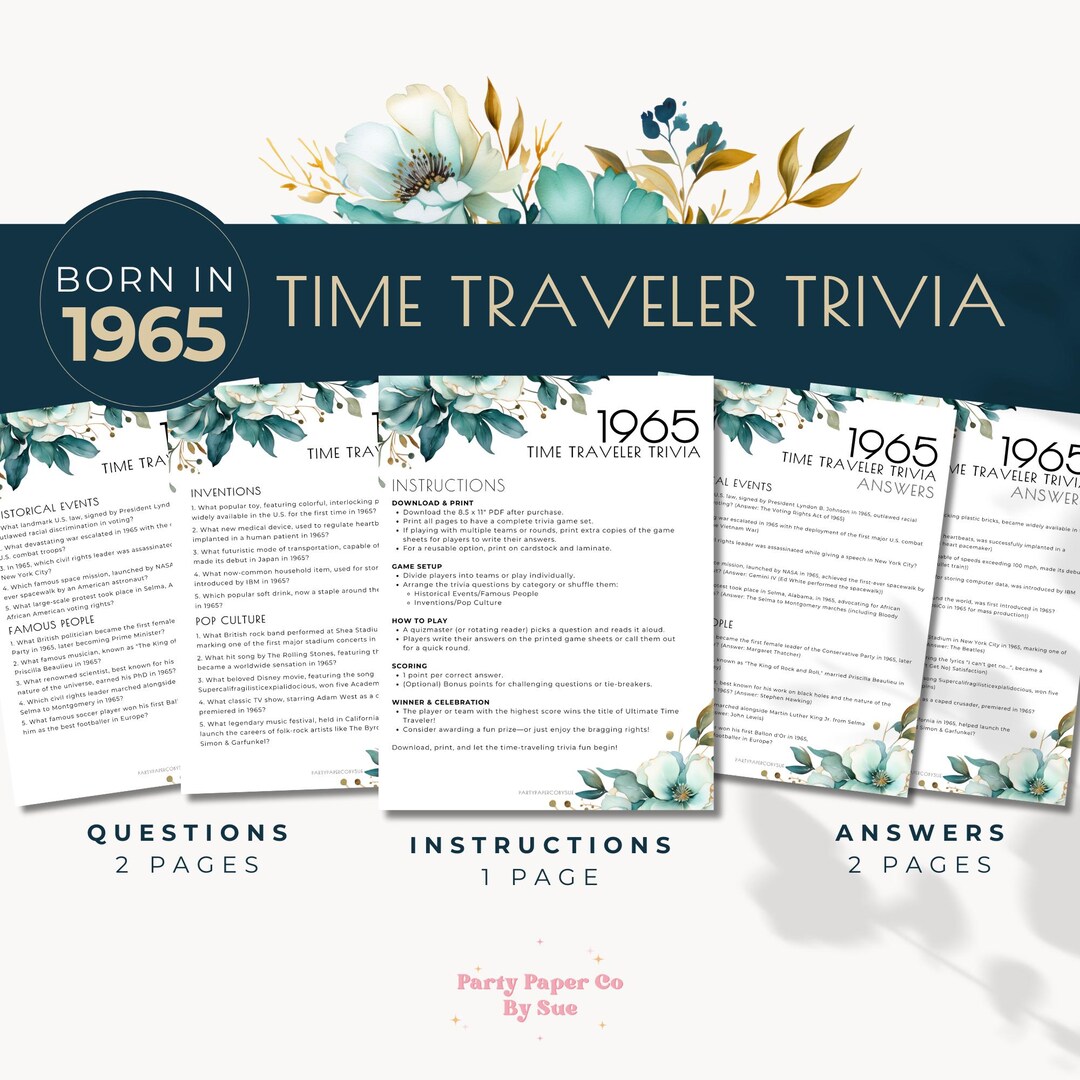 1965 Time Traveler Trivia Printable Game, Milestone Birthday Party Quiz ...