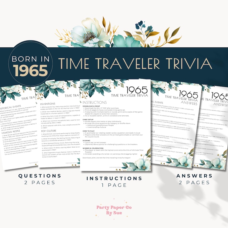 1965 Time Traveler Trivia Printable Game, Milestone Birthday Party Quiz ...