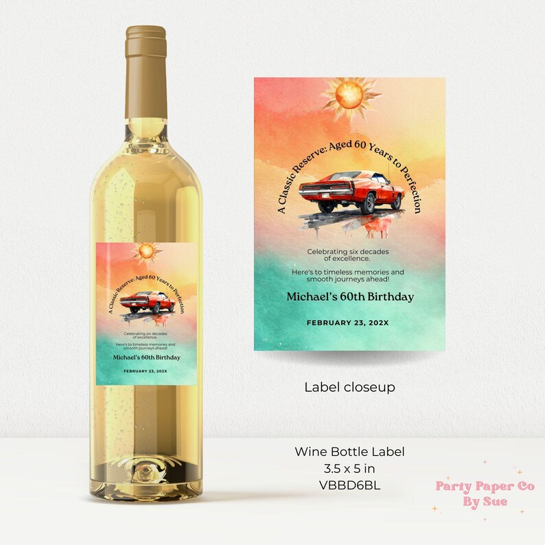 Wine Bottle Label Template 60th Birthday Muscle Car INSTANT DOWNLOAD ...