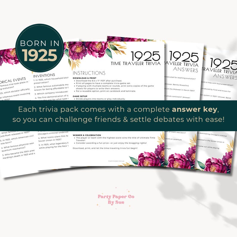 1925 Time Traveler Trivia Printable Game, Milestone Birthday Party Quiz ...