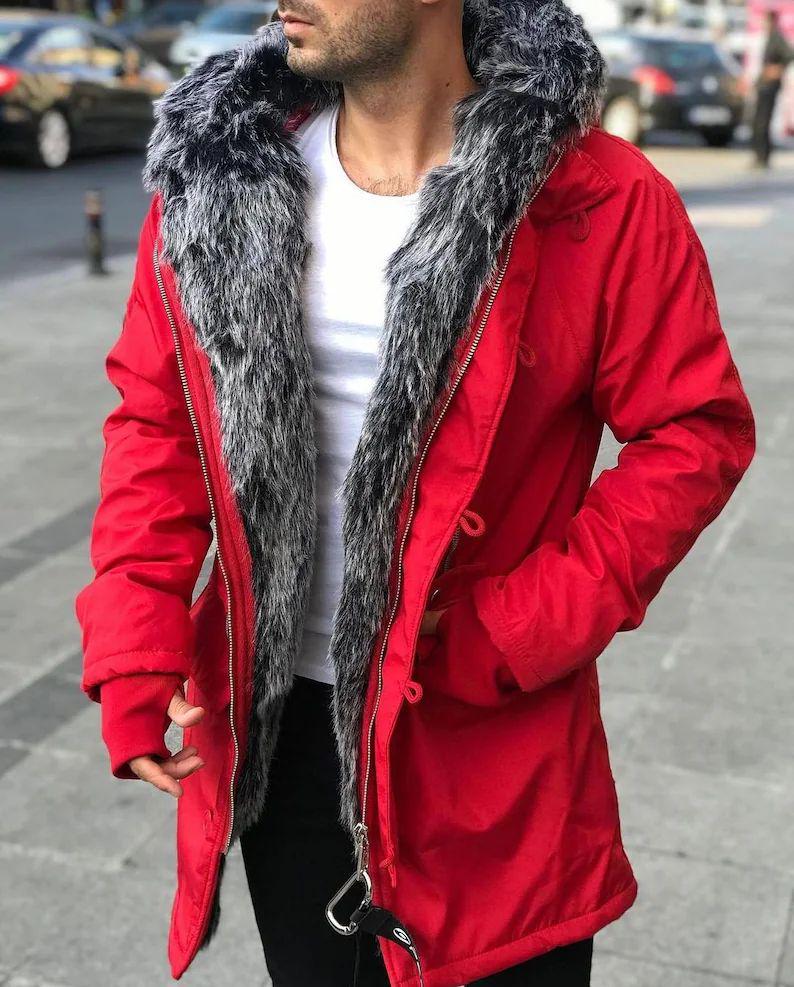 Men's Denim, Leather Parka With Fur 10 Colors Gift for Husband. Black ...
