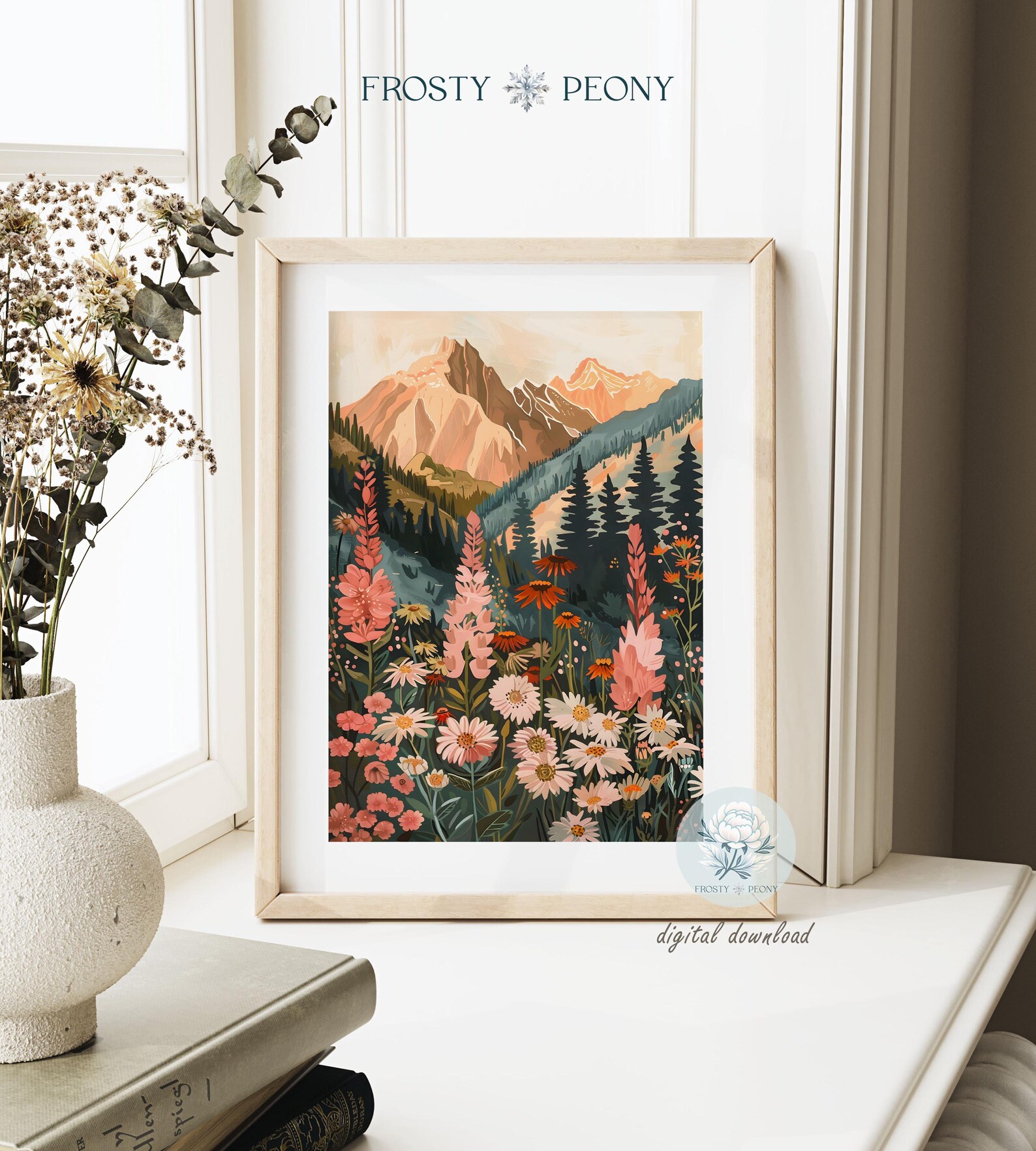 Boho Wildflower Mountain Art Print: Sunset Tones Pink Floral Mountain ...