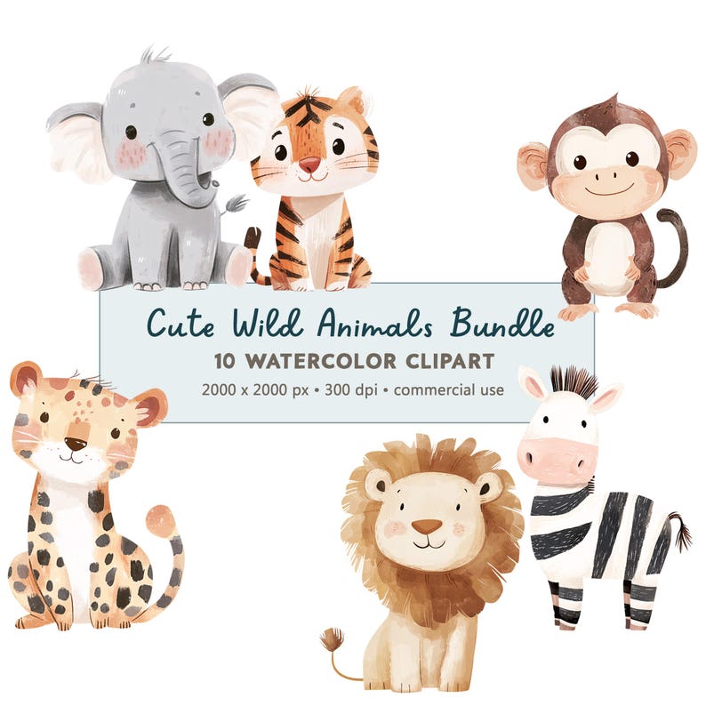 10 Watercolor Cute Wild Animals Clipart Bundle PNG Digital Download ...
