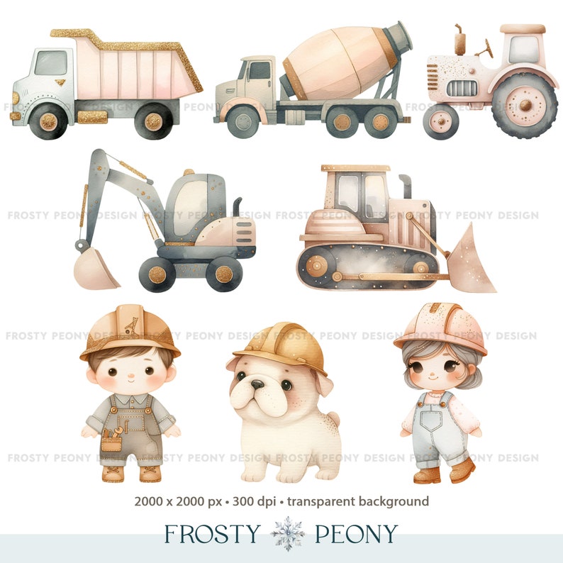 8 Watercolor Muted Pastel Construction Vehicles Clipart PNG Digital ...