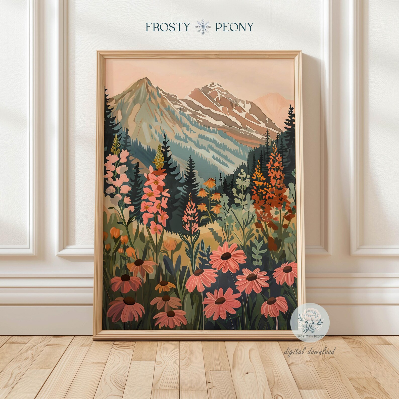 Boho Wildflower Mountain Art Print: Sunset Tones Pink Floral Mountain ...