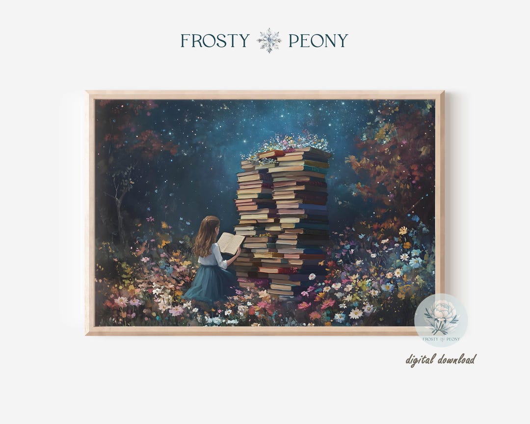 Starry Night Girl Reading Art Print | Magical Library Wall Art ...