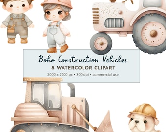 8 Watercolor Cute Construction Vehicles Clipart PNG Digital Download ...