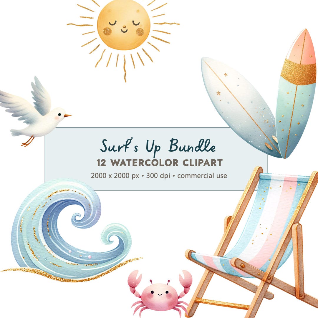 12 Adorable Watercolor Surf's up Clipart PNG Digital Download | Beach ...