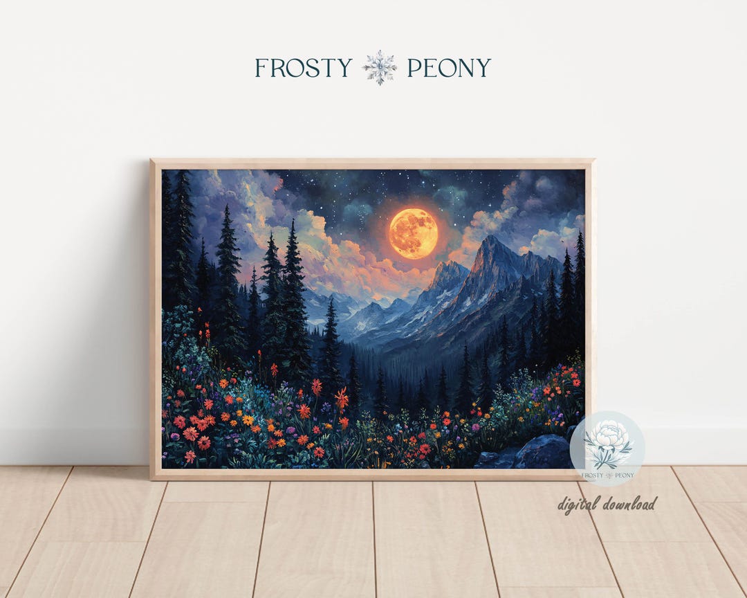 Moonlit Wildflower Mountain Scenery Art Print: Midnight Moon Floral ...