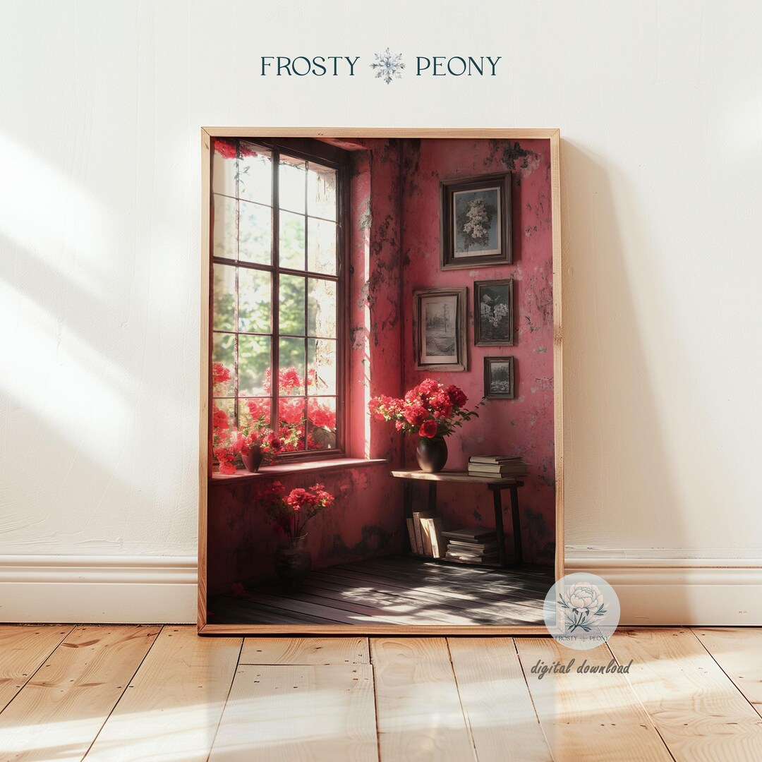 Cozy Sunlit Floral Corner Art Print | Rustic Pink Wall & Roses Wall Art ...