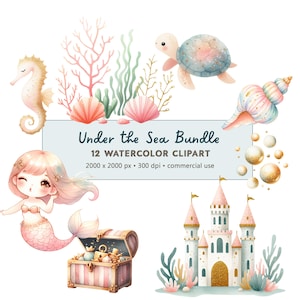 12 Adorable Watercolor Under the Sea Clipart Bundle PNG Digital ...