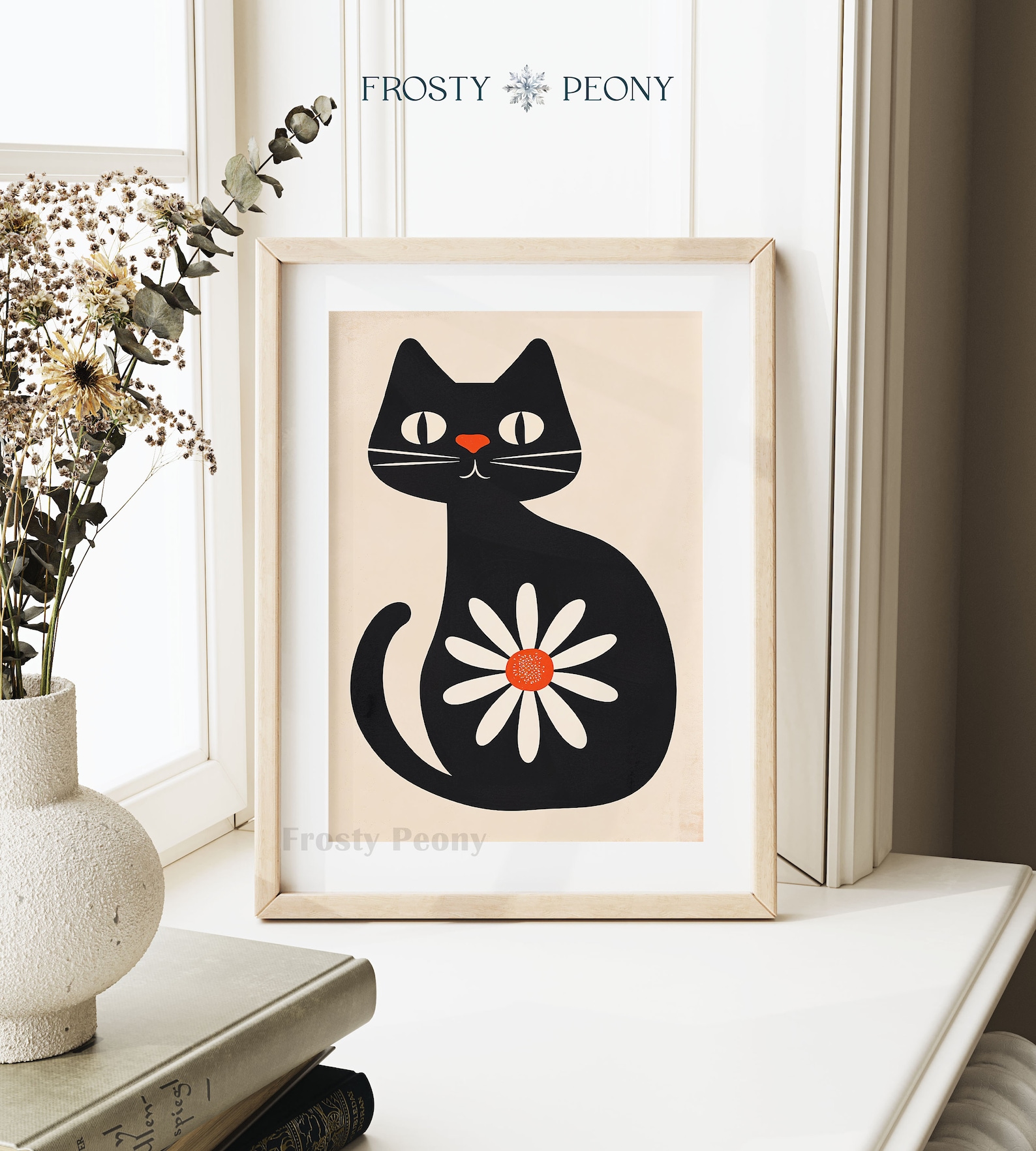 Boho Daisy Black Cat Daisy Art Print Whimsical Black Cat With Daisy ...