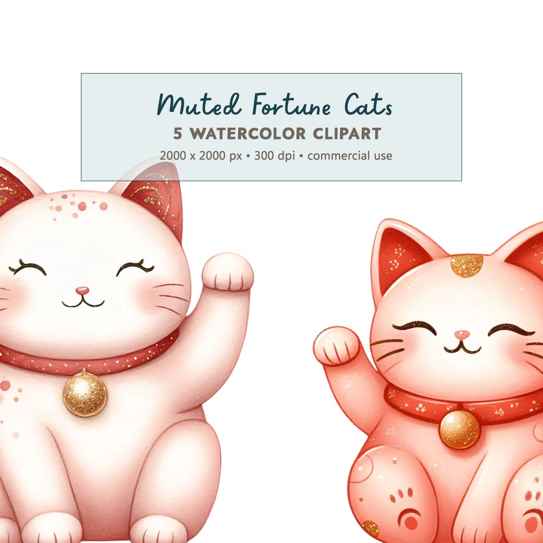 5 Watercolor Muted Fortune Cats Clipart PNG Digital Download | Muted ...
