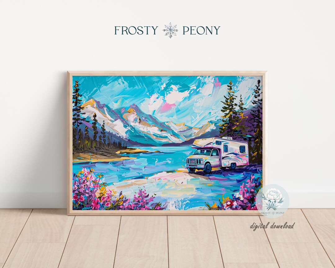 Colorful Mountain Riverside Camper Van Art Print | Vibrant Nature Wall ...