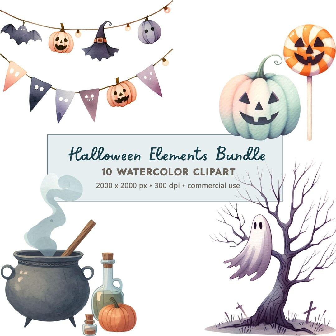 Halloween Watercolor Clipart: Spooky Treats Cauldron Haunted Halloween ...