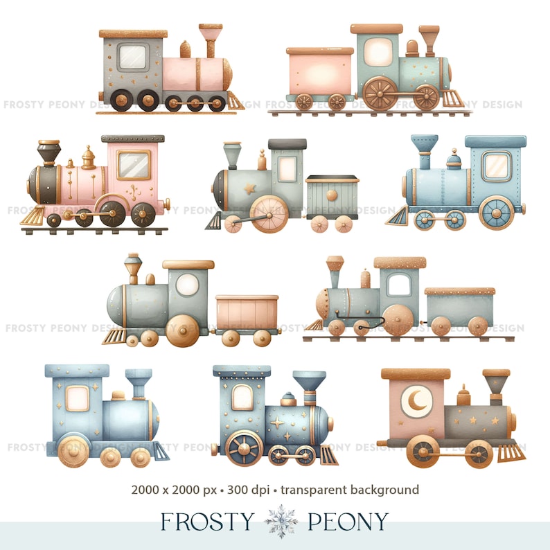 10 Watercolor Boho Nursery Trains Clipart PNG Digital Download | Muted ...