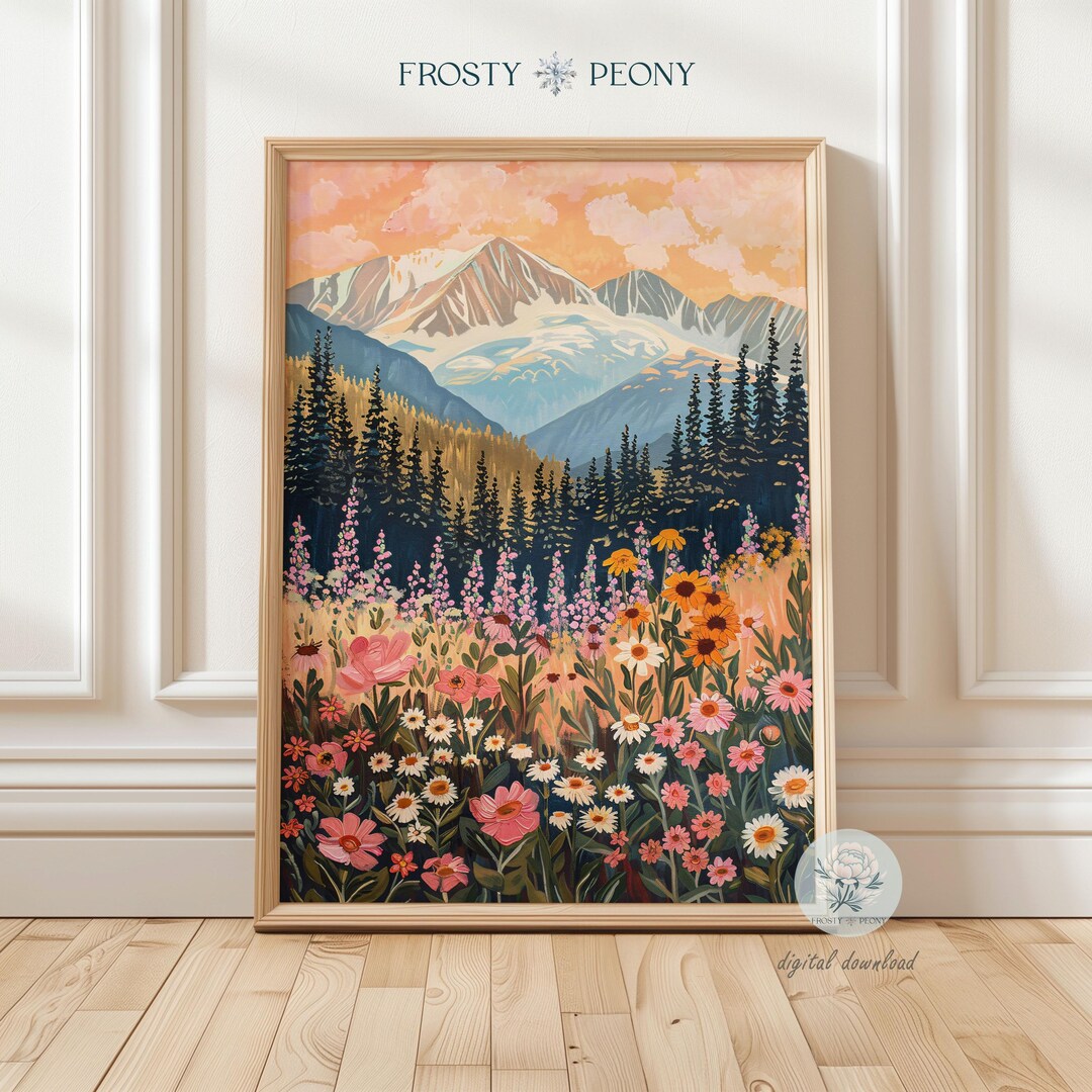 Wildflower Mountain Art Print: Sunset Tones Colorful Floral Mountain ...