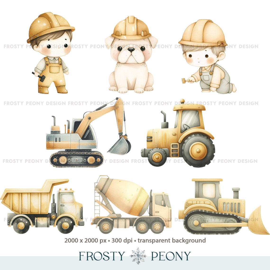 8 Watercolor Cute Construction Vehicles Clipart PNG Digital Download ...