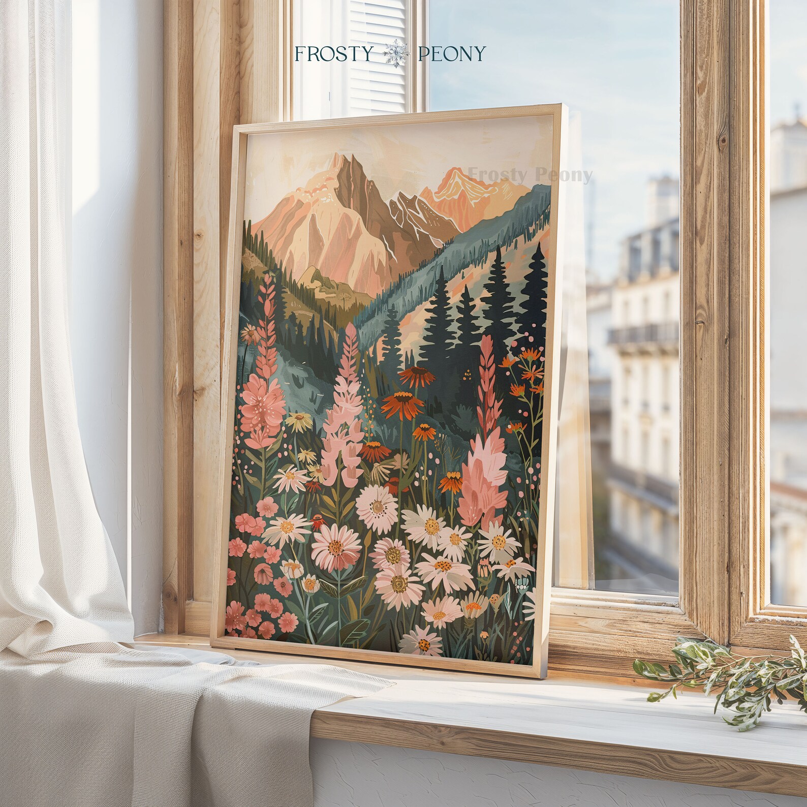 Boho Wildflower Mountain Art Print: Sunset Tones Pink Floral Mountain ...