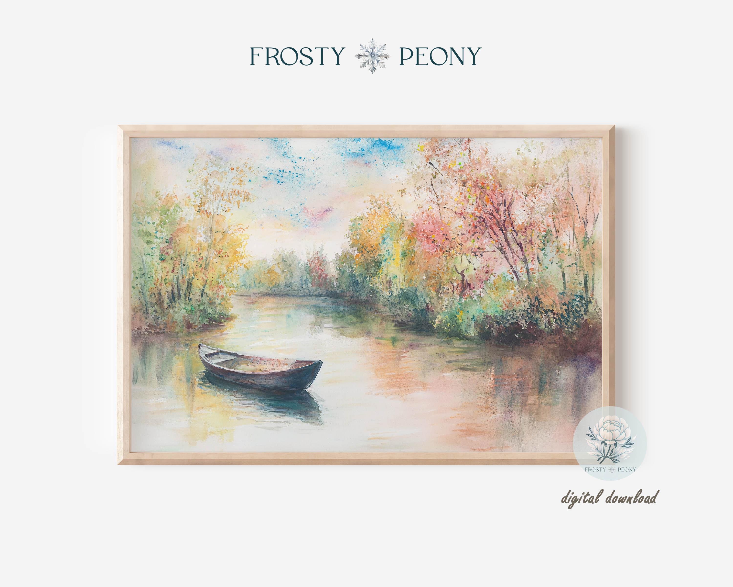 Charming Autumn Riverbank Art Print | Autumn Fishing Canoe Landscape ...