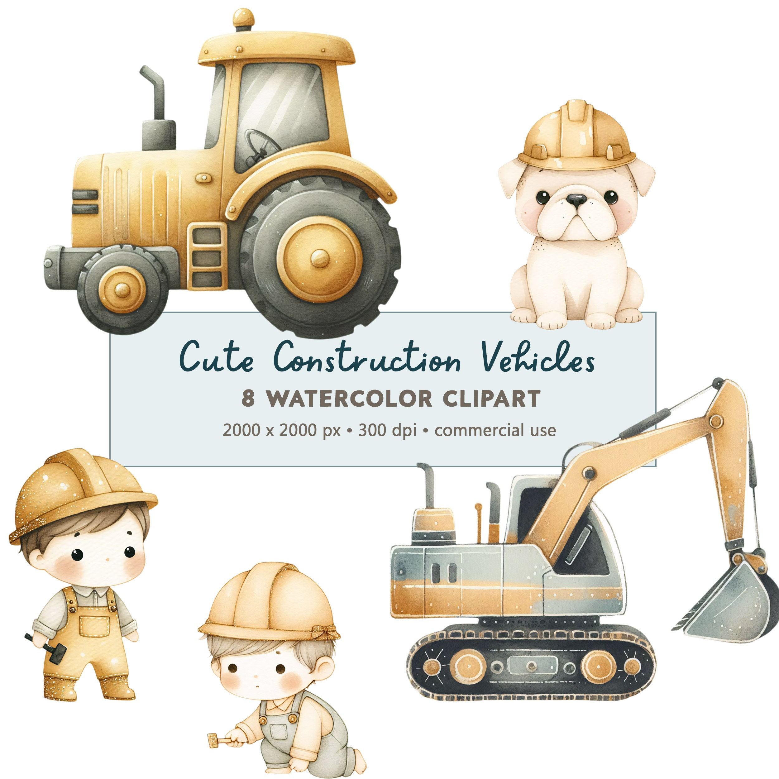 8 Watercolor Cute Construction Vehicles Clipart PNG Digital Download ...