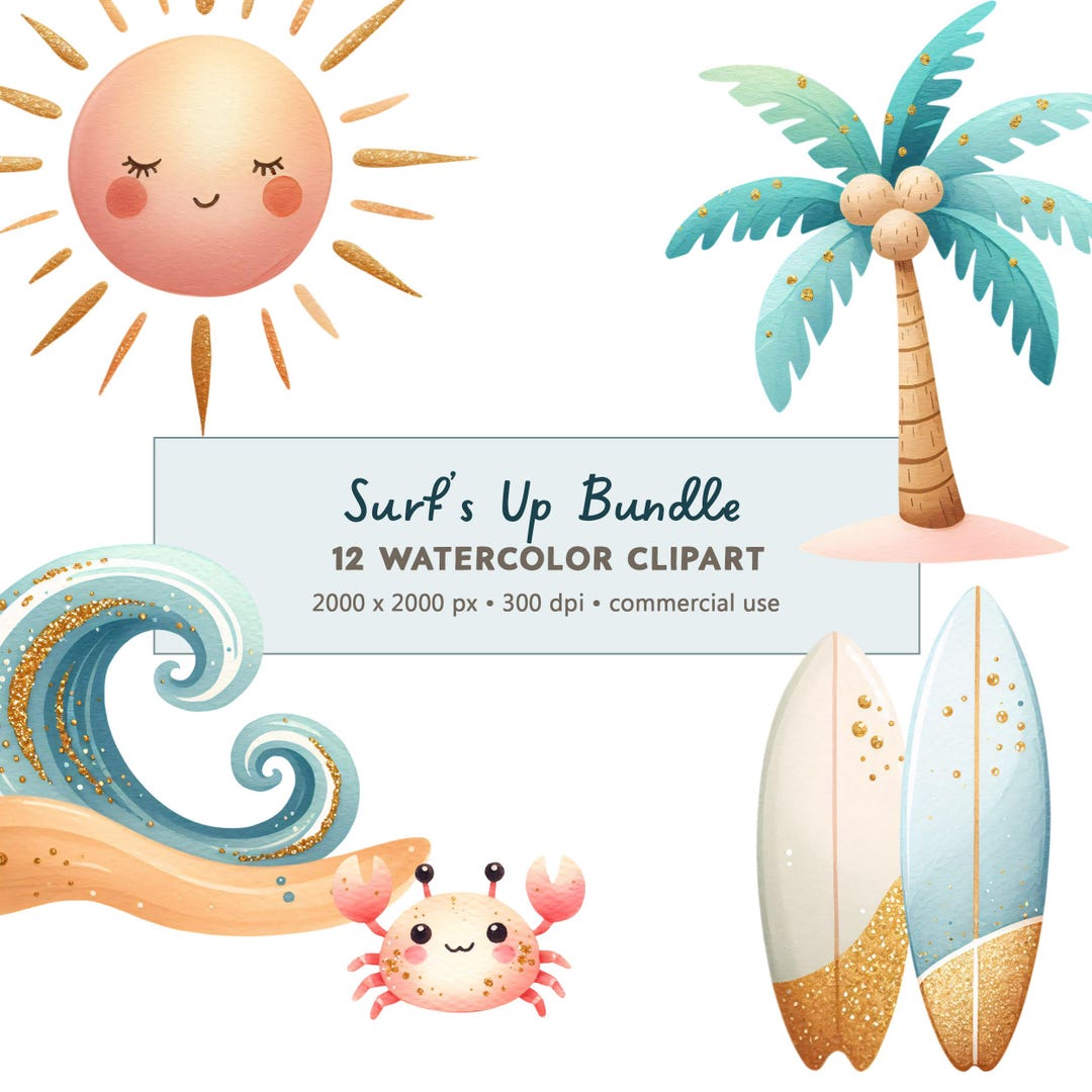 12 Watercolor Surf's up Clipart PNG Digital Download | Beach Party ...