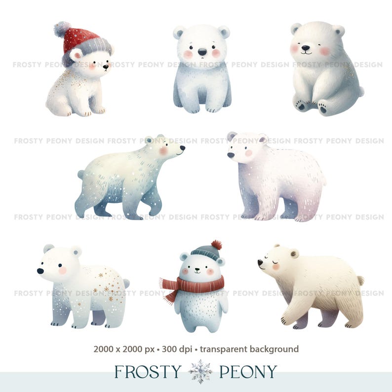 8 Adorable Polar Bears Clipart Bundle PNG Digital Download | Winter ...