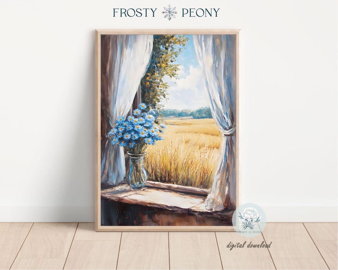 Vintage Farmhouse Window View Art Print | Countryside Floral Landscape ...
