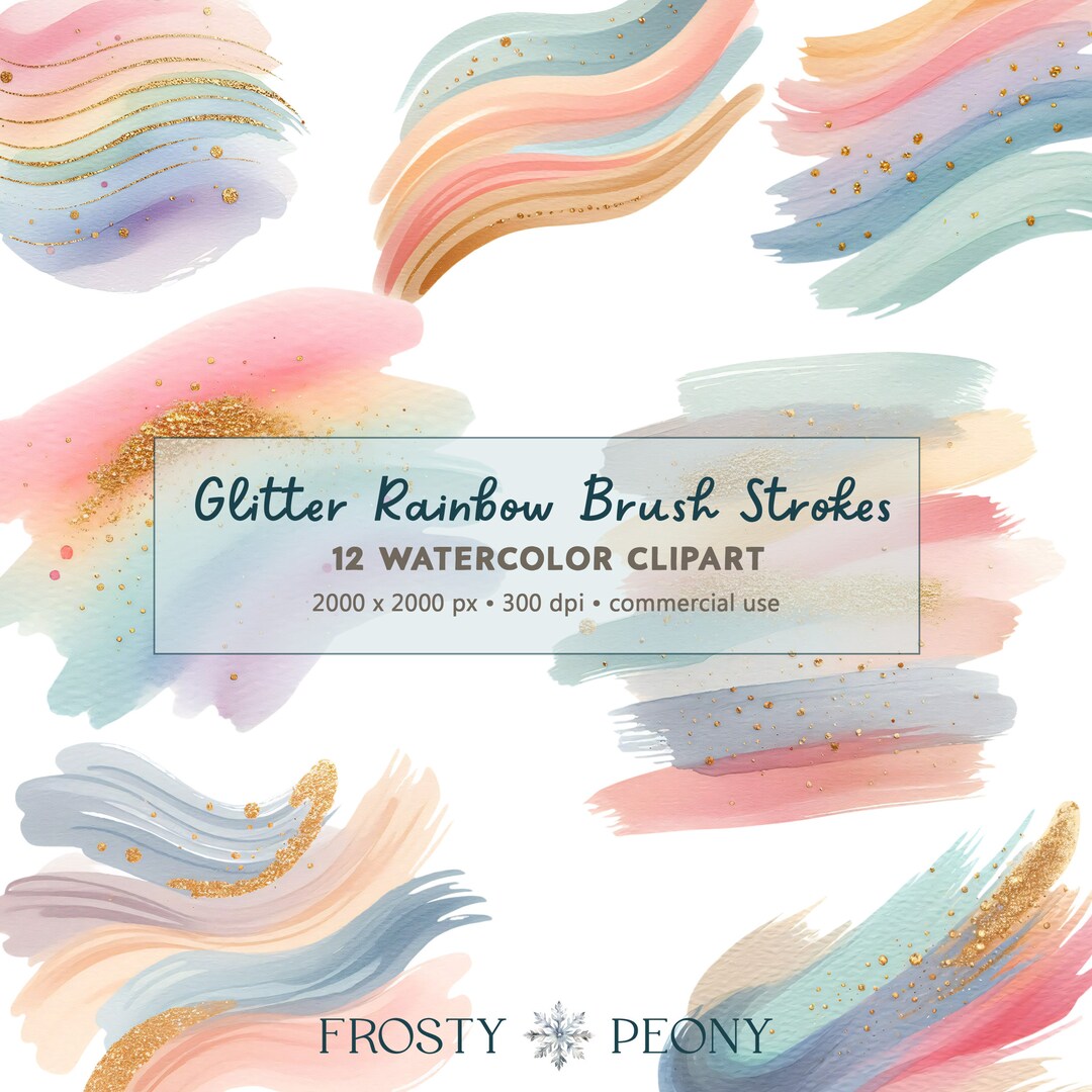 12 Watercolor Glitter Rainbow Brush Strokes Clipart PNG Digital ...