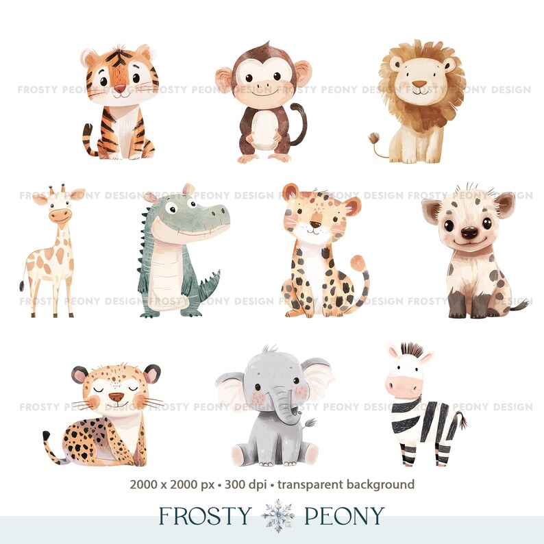10 Watercolor Cute Wild Animals Clipart Bundle PNG Digital Download ...