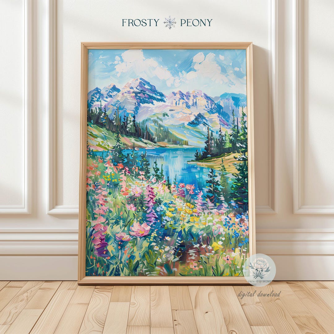 Charming Floral Mountains and River Art Print | Colorful Nature ...