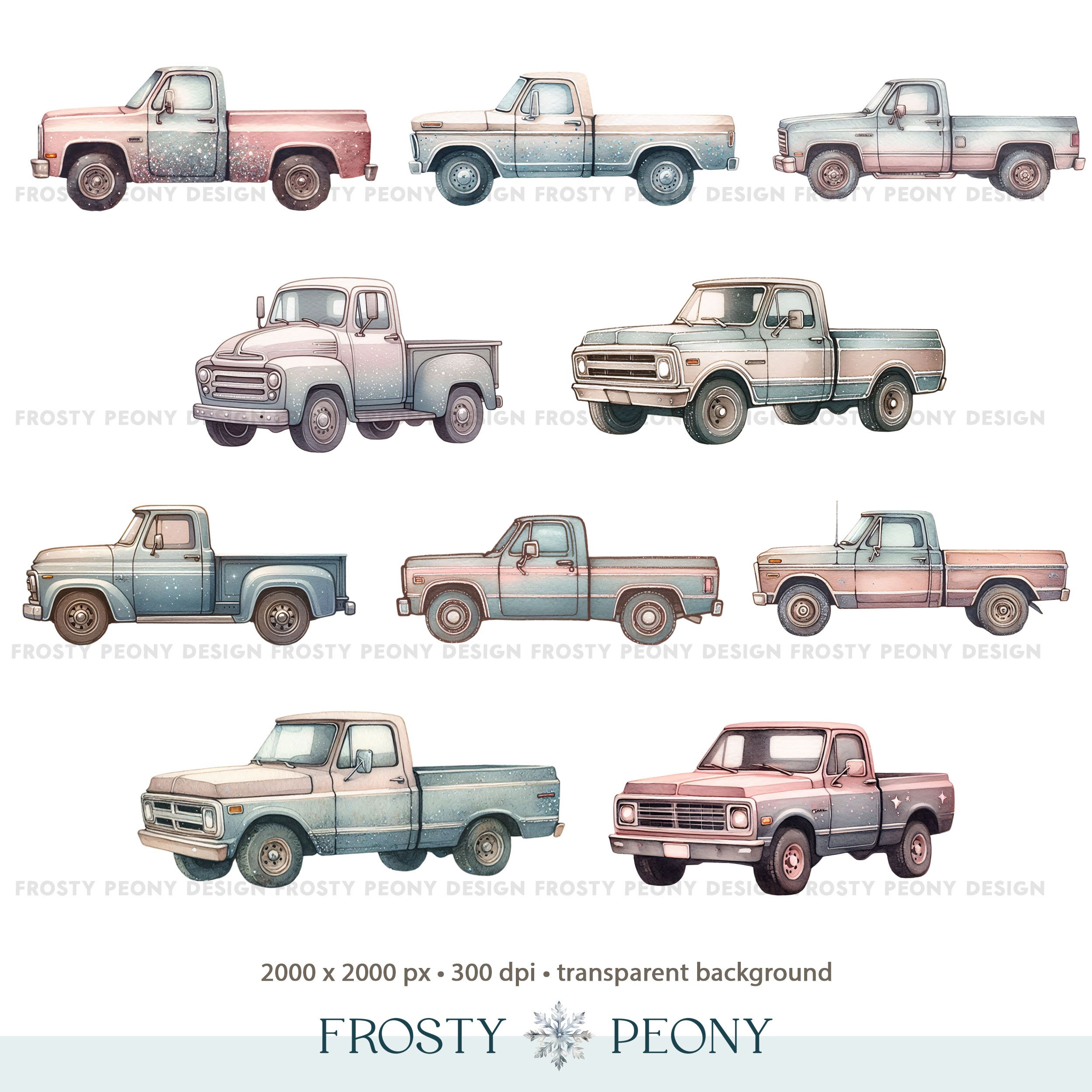 Boho Pickup Trucks Clipart: Muted Tones Vintage Farm Truck Vehicle ...