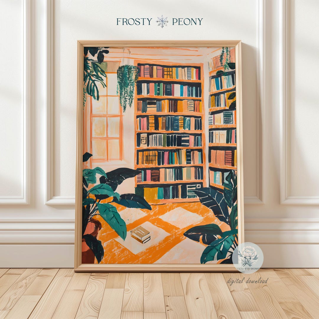 Elegant Reading Corner Art Print | Cozy Bookshelves and Plants Art ...
