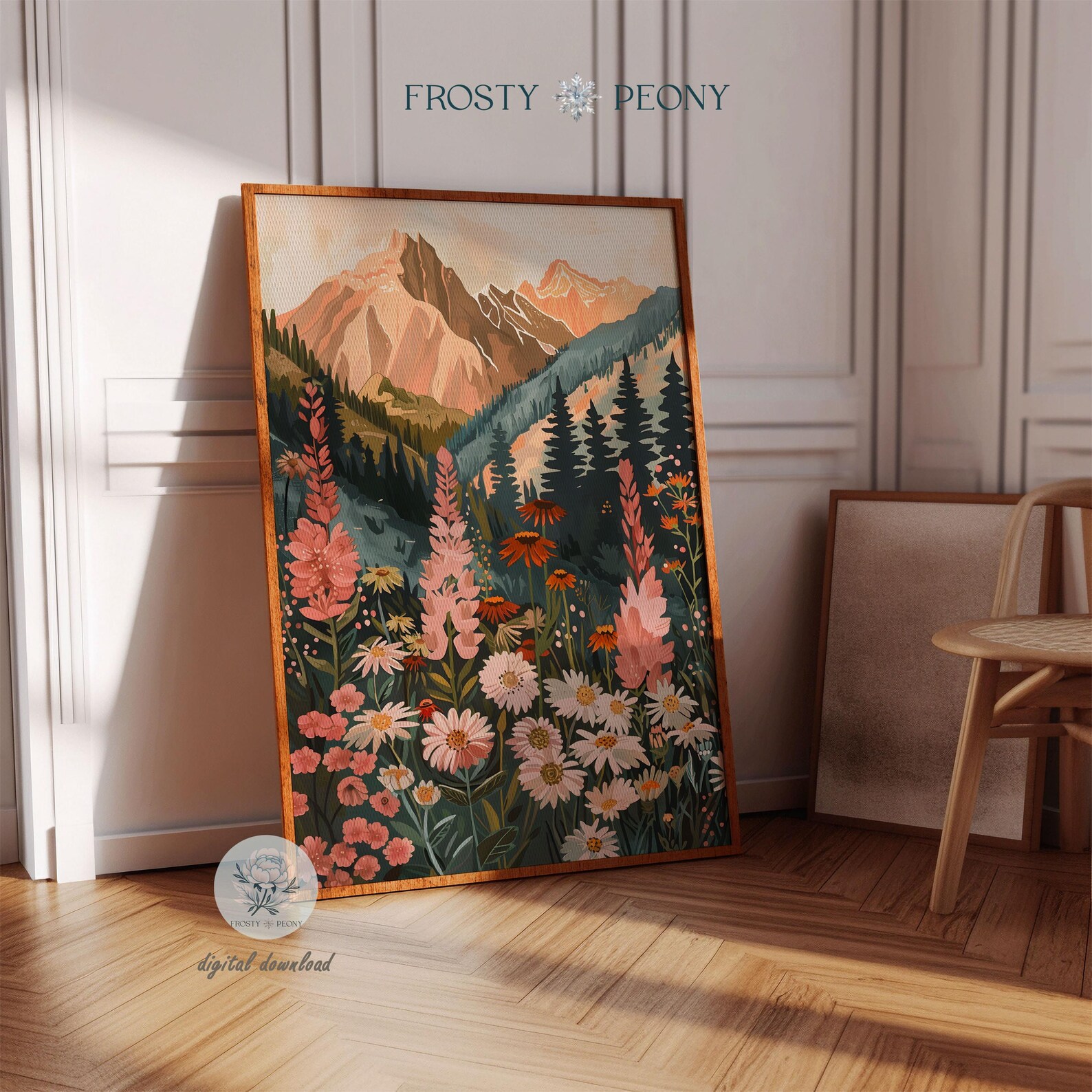 Boho Wildflower Mountain Art Print: Sunset Tones Pink Floral Mountain ...
