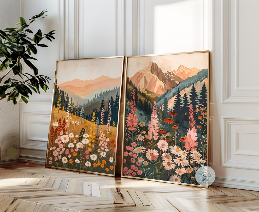 Set of 2 Charming Wildflower Meadow and Mountain Scenery Art Print ...