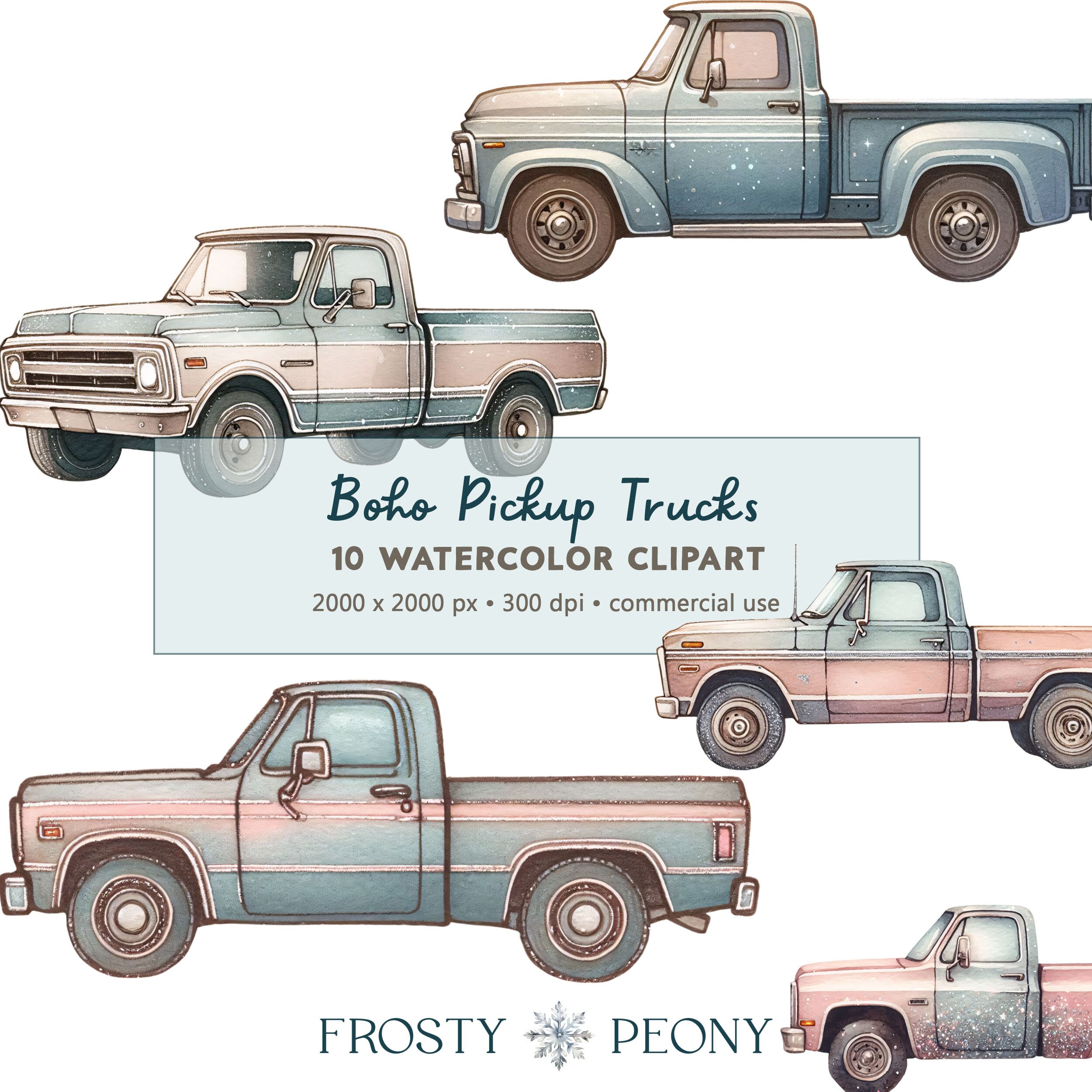 Boho Pickup Trucks Clipart: Muted Tones Vintage Farm Truck Vehicle ...