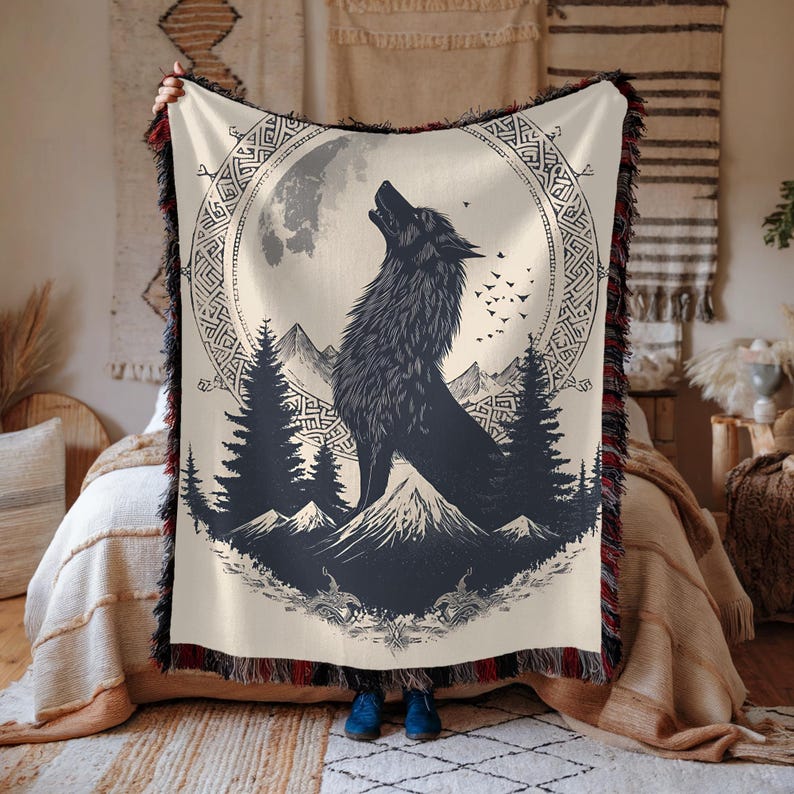 Norse Mythology Fenrir Howling Moon Woven Blanket, Nordic Trees ...